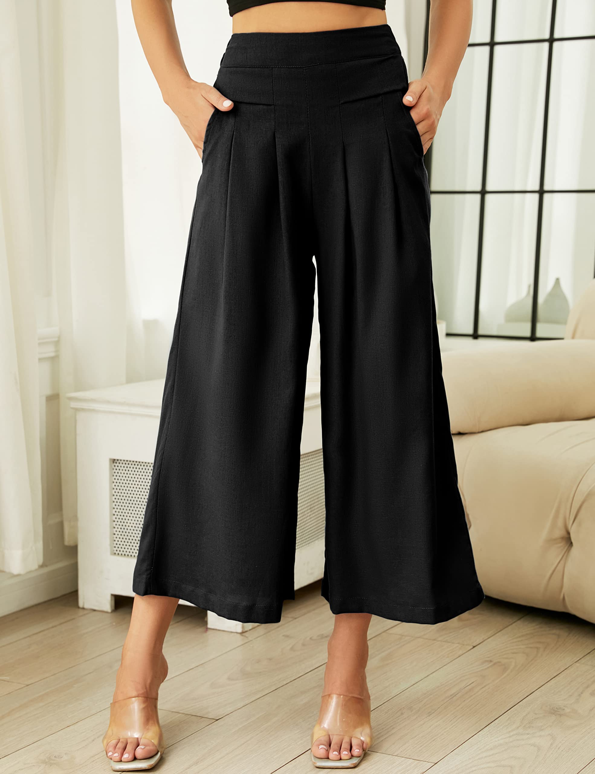 Hooever Women's Cotton Linen Culottes Pants Elastic Waist Wide Leg Palazzo Trousers Capri Pant (Black-XL)