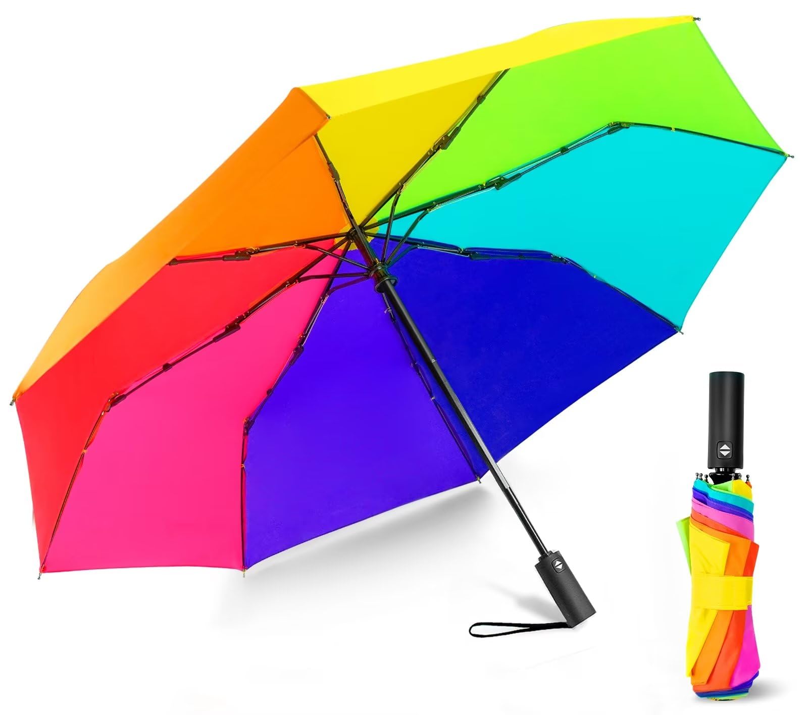 LEAGERA Rainbow Umbrella for Adults - 42inch - Automatic Folding Travel Umbrellas for Rain&Sun, Small, Compact and Portable Backpack Umbrellas