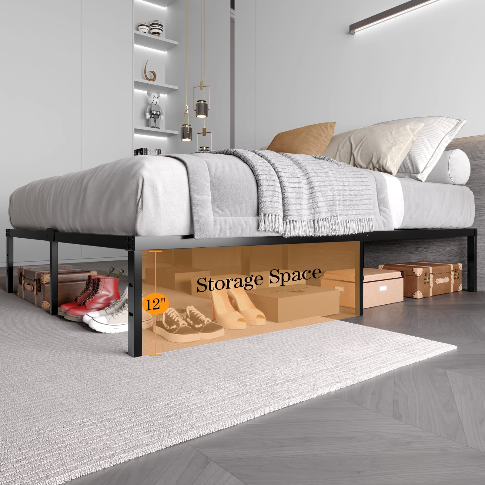 Kilyssa 14 Inch California King Bed Frames Heavy Duty Metal Platform Beds Frame No Box Spring Needed Steel Slats 3500lbs Bed Base Cal King Size,Noise-Free,Easy Assembly
