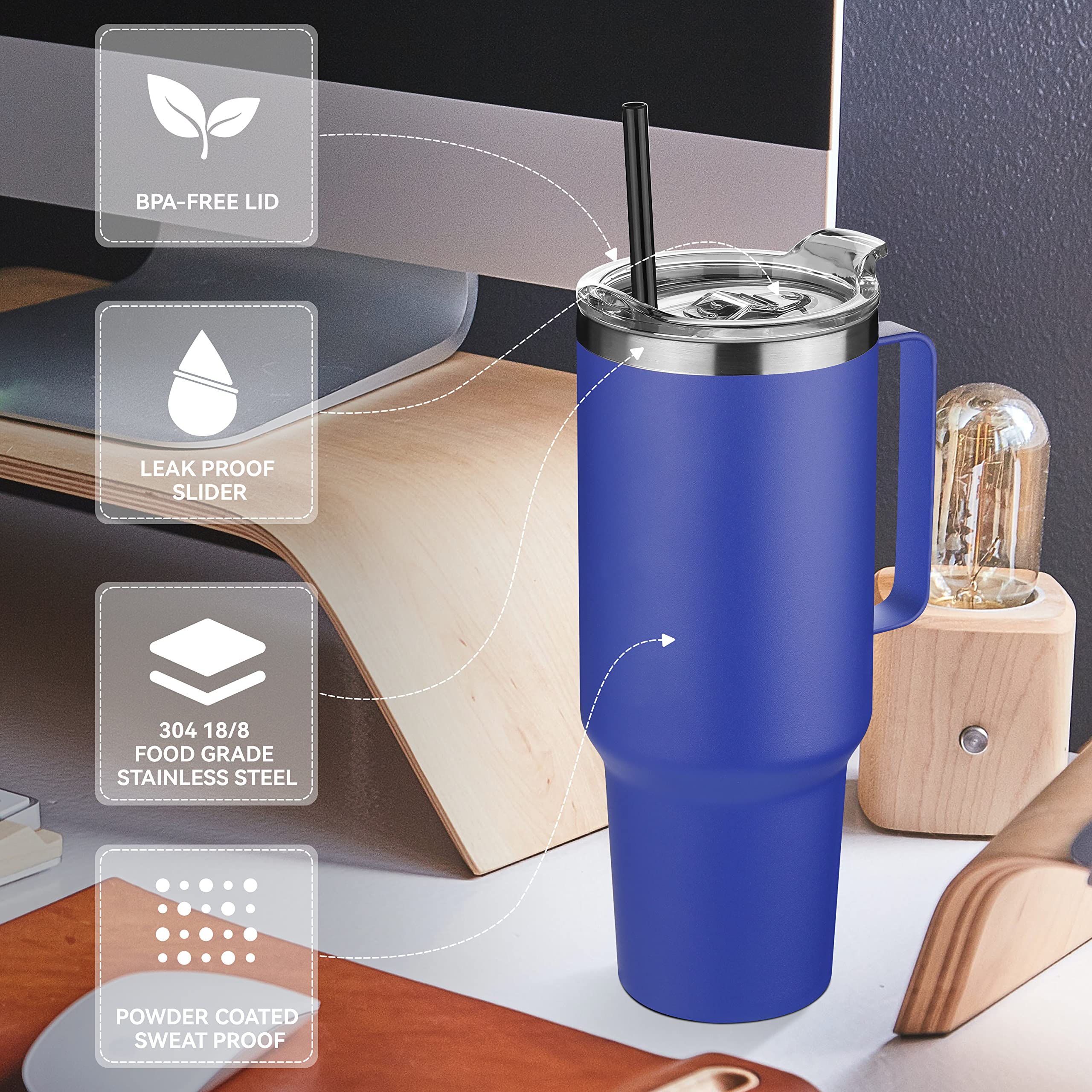 HASLE OUTFITTERS 40 oz Stainless Steel Tumbler with Handle, Vacuum Insulated Tumblers Bulk, Reusable Double Wall Travel Coffee Mug, Durable Powder Coated Water Bottle(Dark Blue, 1)