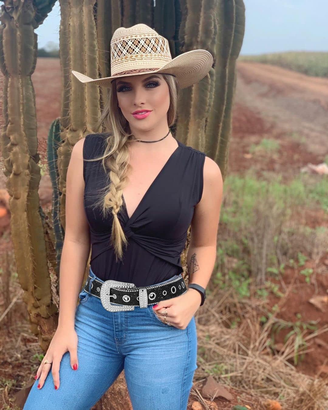 UTOWO Rhinestone Belt for Women Men, Western Cowgirl Cowboy Bling Studded Leather Belt for Jeans Pants