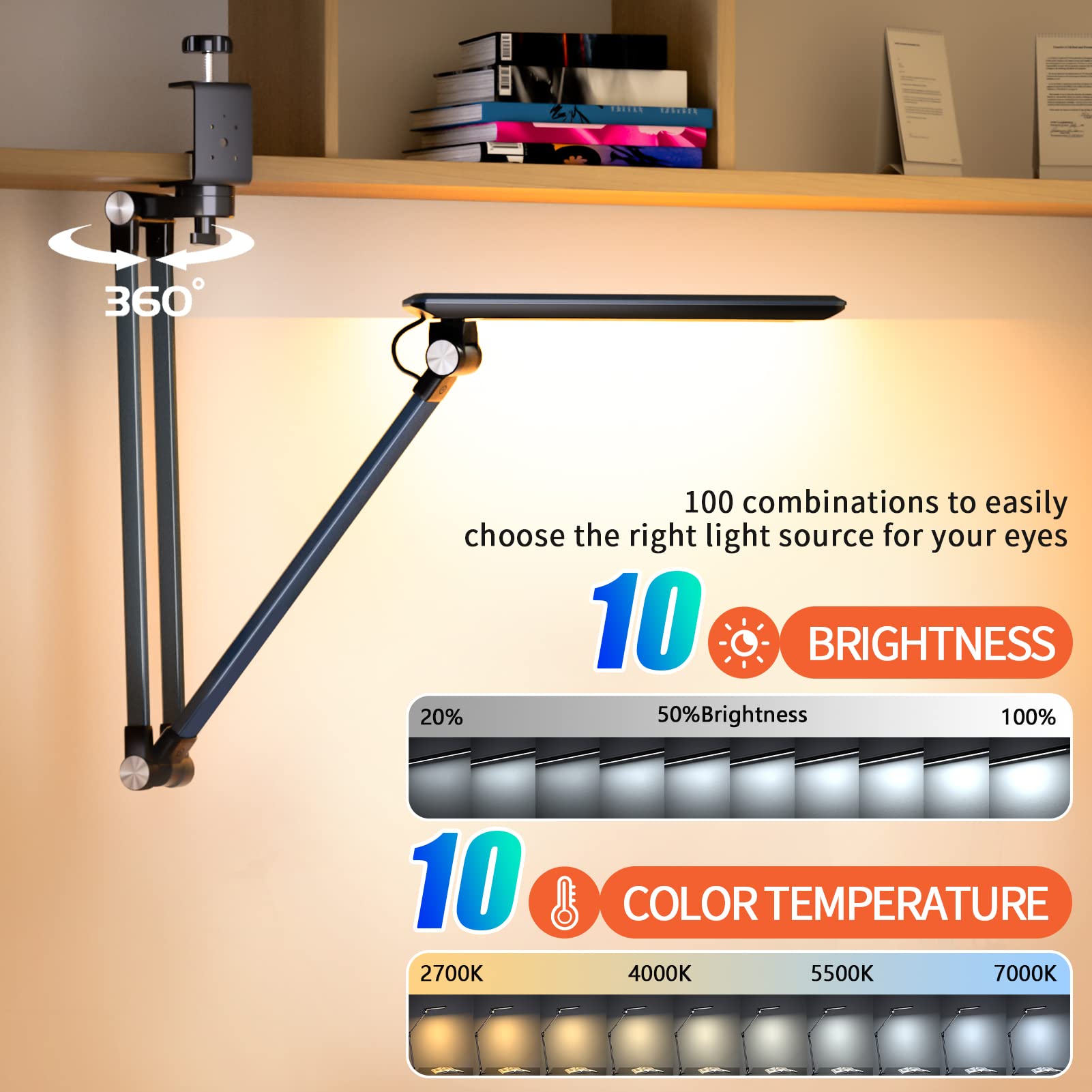 Reifeiniwei LED Desk Lamps,10 Color Modes 2700k-7000k Lighting and Stepless Dimming Modern Table Lamp for Monitor Studio Reading,Architect Clamp for Home Office Iron-Grey 15W…