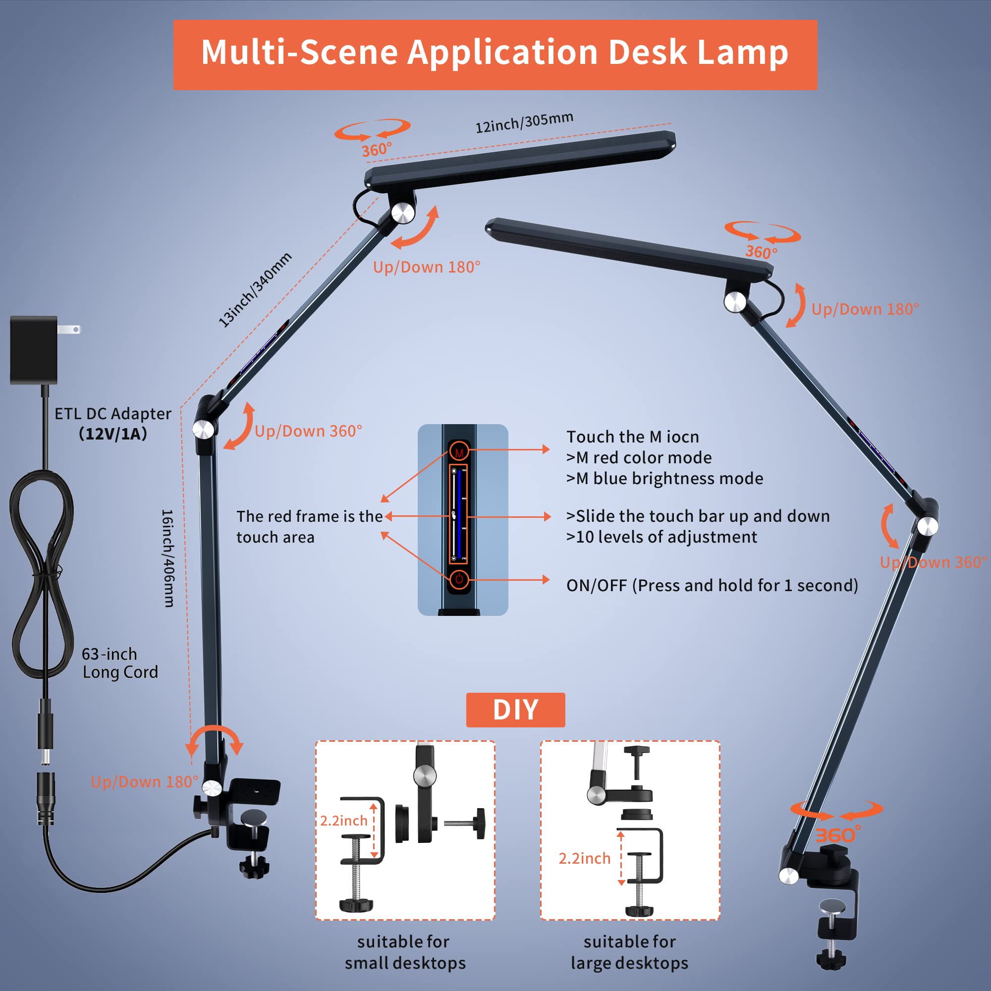 Reifeiniwei LED Desk Lamps,10 Color Modes 2700k-7000k Lighting and Stepless Dimming Modern Table Lamp for Monitor Studio Reading,Architect Clamp for Home Office Iron-Grey 15W…