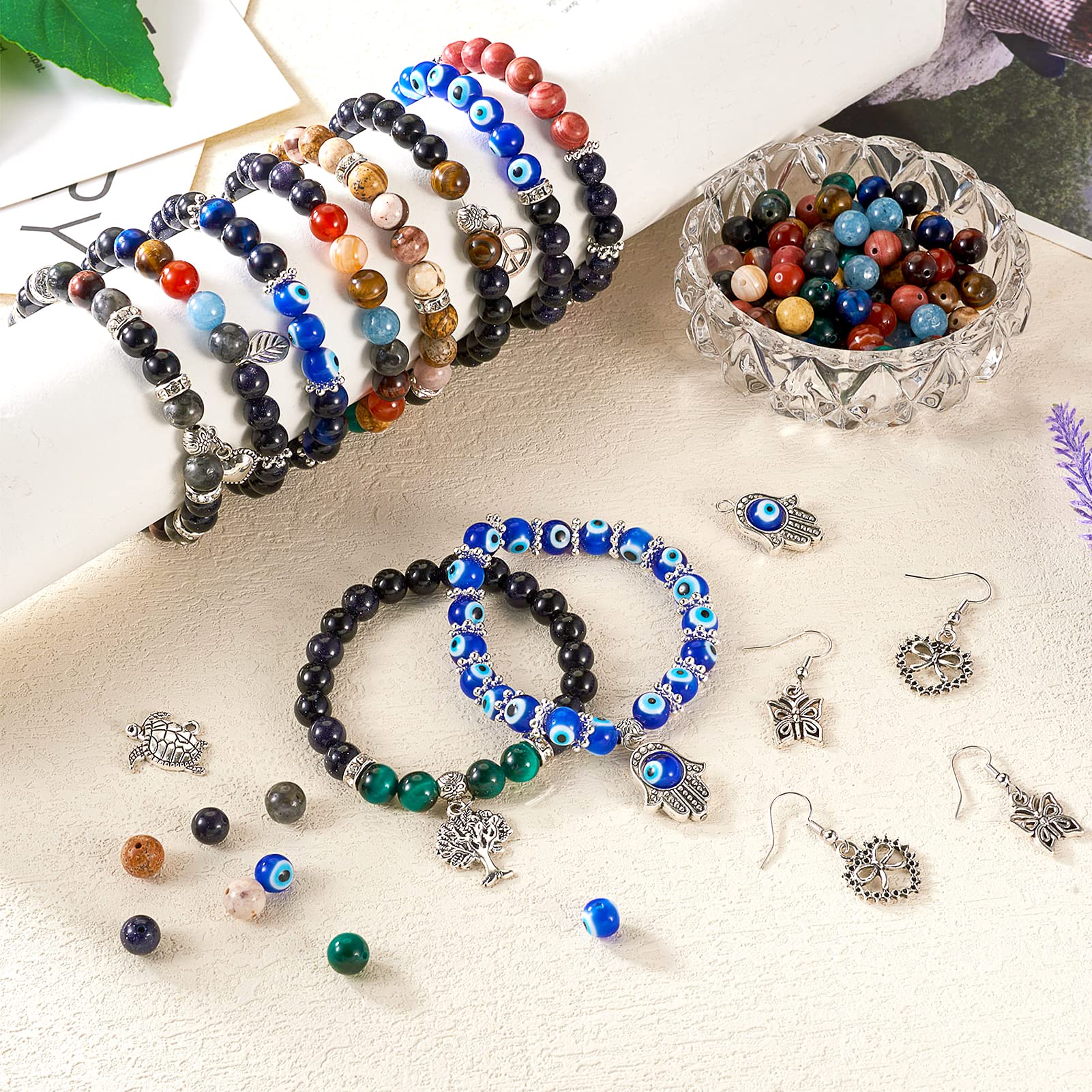 Beadthoven 412pcs Crystal Beads for Jewelry Making Kit, 8mm Round Natural Stone Beads, Evil Eye Beads for Bracelet Making for Adults, Healing Gemstone Beads for DIY Jewelry Necklace Earrings Accessory