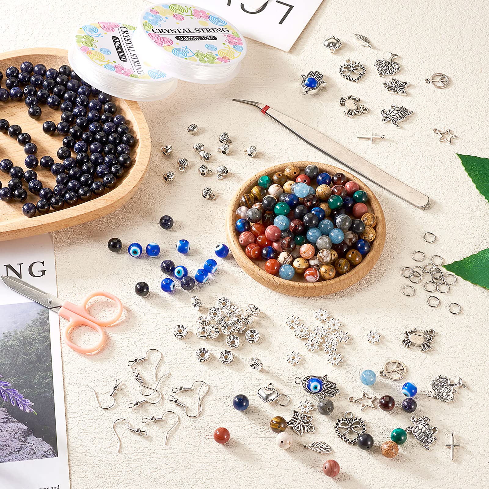 Beadthoven 412pcs Crystal Beads for Jewelry Making Kit, 8mm Round Natural Stone Beads, Evil Eye Beads for Bracelet Making for Adults, Healing Gemstone Beads for DIY Jewelry Necklace Earrings Accessory