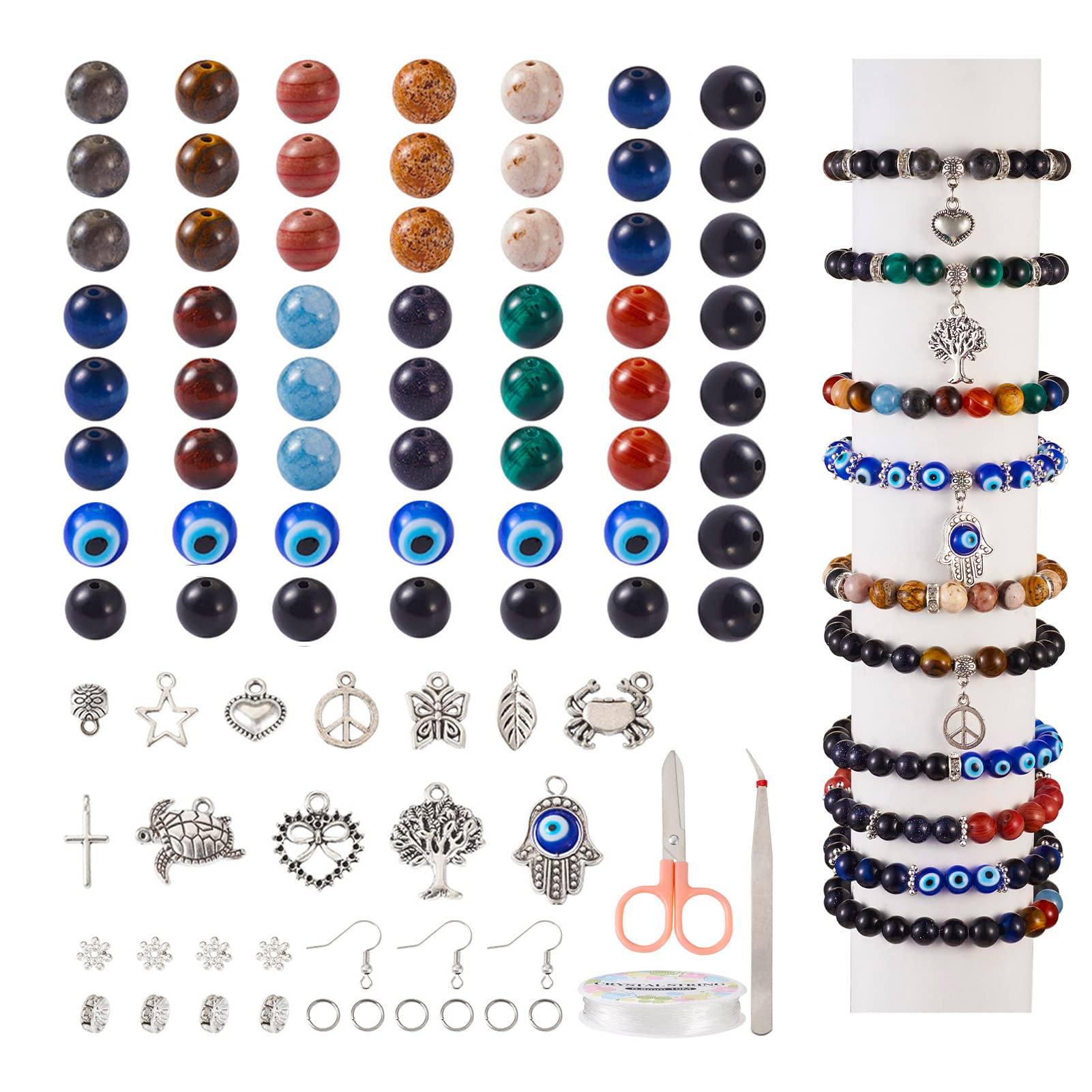 Beadthoven 412pcs Crystal Beads for Jewelry Making Kit, 8mm Round Natural Stone Beads, Evil Eye Beads for Bracelet Making for Adults, Healing Gemstone Beads for DIY Jewelry Necklace Earrings Accessory