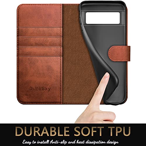 DuckSky for Google Pixel 6 Genuine Leather Wallet case 【RFID Blocking】【4 Credit Card Holder】【Real Leather】 Flip Folio Book Phone case Protective Cover Women Men for Pixel6 case Light Brown
