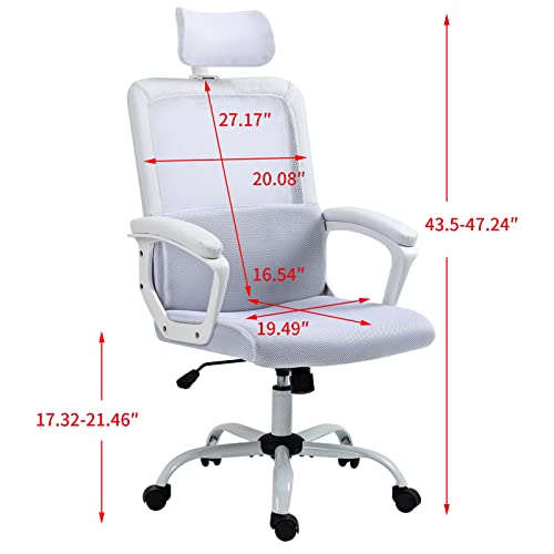 Home Office Chair, Ergonomic Mesh Desk Chair, High Back Computer Chair with Adjustable Headrest,Lumbar Support, Tilt Function,Swivel Rolling, Soft PU Armrest Task Chair Home Office Desk Chairs, White
