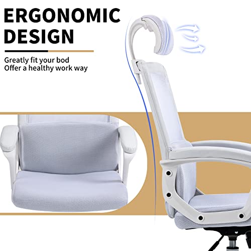 Home Office Chair, Ergonomic Mesh Desk Chair, High Back Computer Chair with Adjustable Headrest,Lumbar Support, Tilt Function,Swivel Rolling, Soft PU Armrest Task Chair Home Office Desk Chairs, White