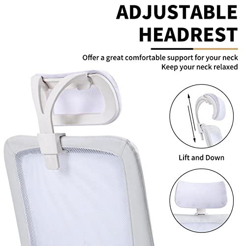 Home Office Chair, Ergonomic Mesh Desk Chair, High Back Computer Chair with Adjustable Headrest,Lumbar Support, Tilt Function,Swivel Rolling, Soft PU Armrest Task Chair Home Office Desk Chairs, White