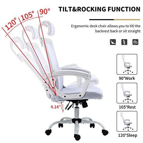 Home Office Chair, Ergonomic Mesh Desk Chair, High Back Computer Chair with Adjustable Headrest,Lumbar Support, Tilt Function,Swivel Rolling, Soft PU Armrest Task Chair Home Office Desk Chairs, White