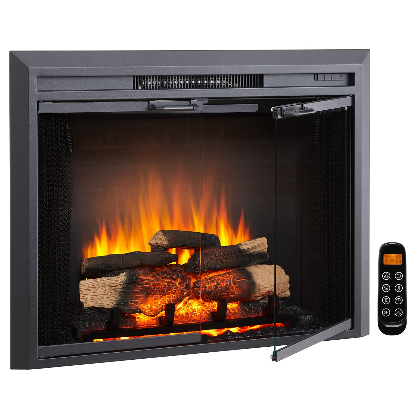 LegendFlame® Damon 35" W Electric Fireplace Insert with Glass Door and Mesh Screen (EF264B), Fireplace Heater 750/1500W, Fire Crackling Sound, Remote Control.
