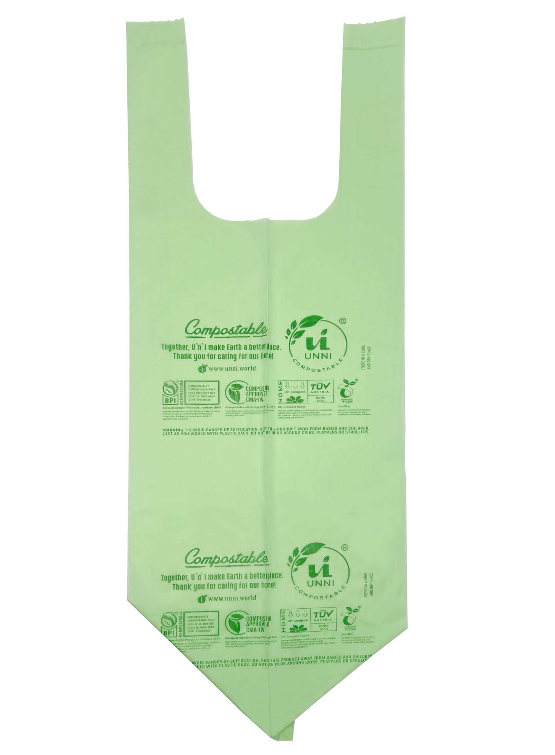 UNNI Compostable T-Shirt Bags with Handle-Tie, 8 Gallon, 30 Liter, 30 Count, 0.8 Mil, Medium Kitchen Food Scrap Waste Bags, ASTM D6400, US BPI, CMA and OK compost HOME Certified, San Francisco