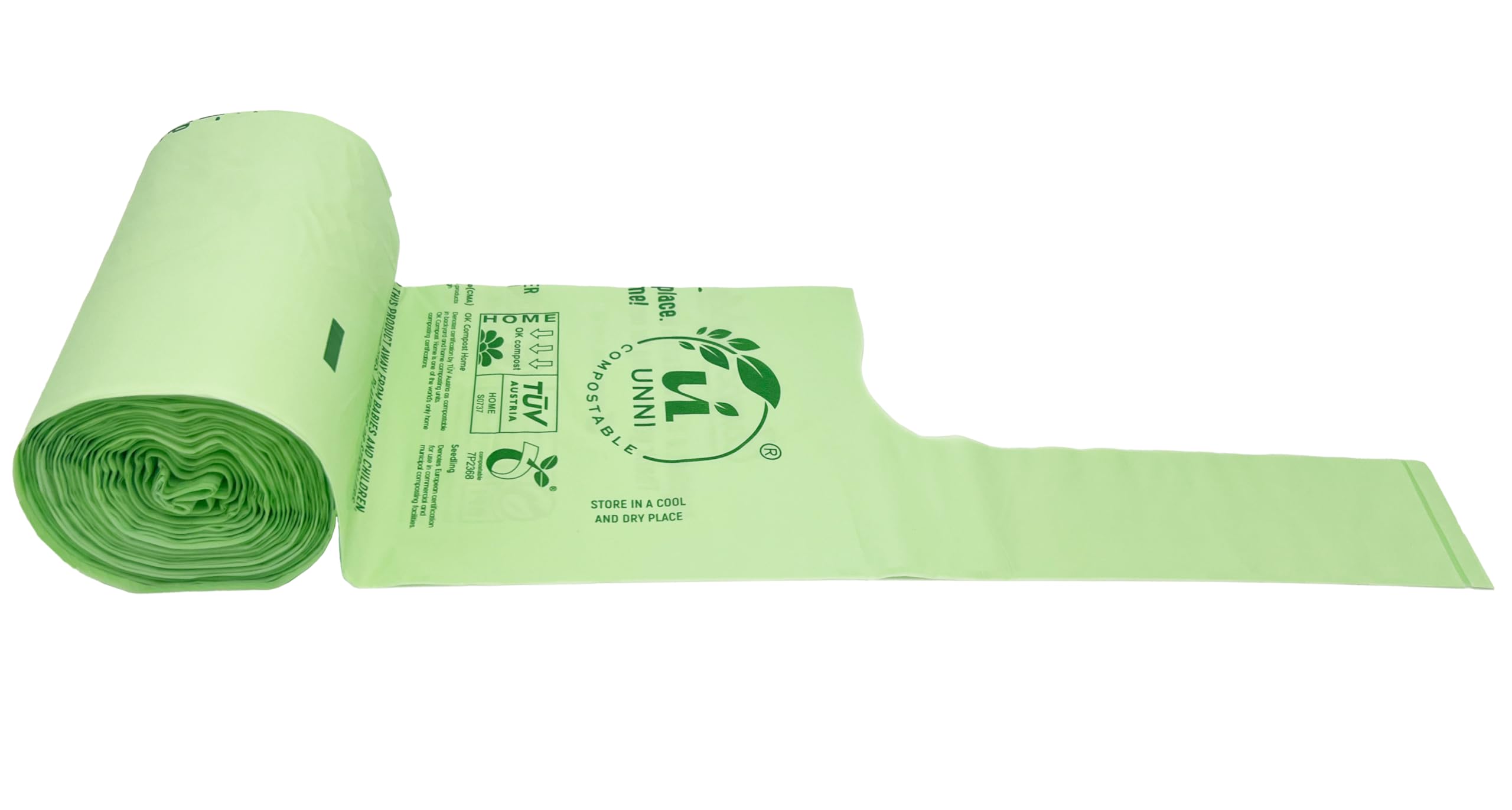 UNNI Compostable T-Shirt Bags with Handle-Tie, 8 Gallon, 30 Liter, 30 Count, 0.8 Mil, Medium Kitchen Food Scrap Waste Bags, ASTM D6400, US BPI, CMA and OK compost HOME Certified, San Francisco