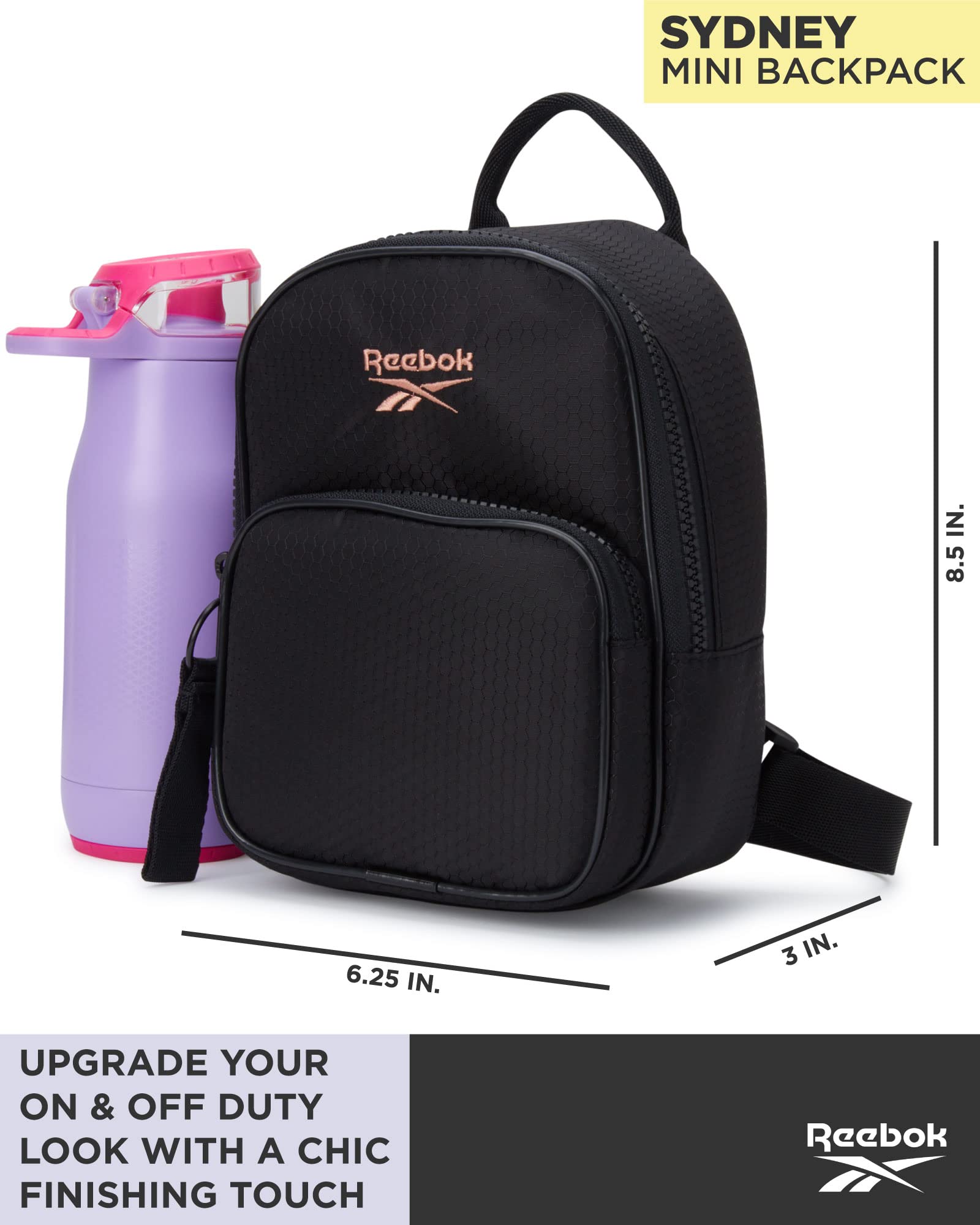Reebok Women's Backpack - Lightweight Mini Essential Backpack - Small Casual Travel Bag, Black With Rose Gold Logo