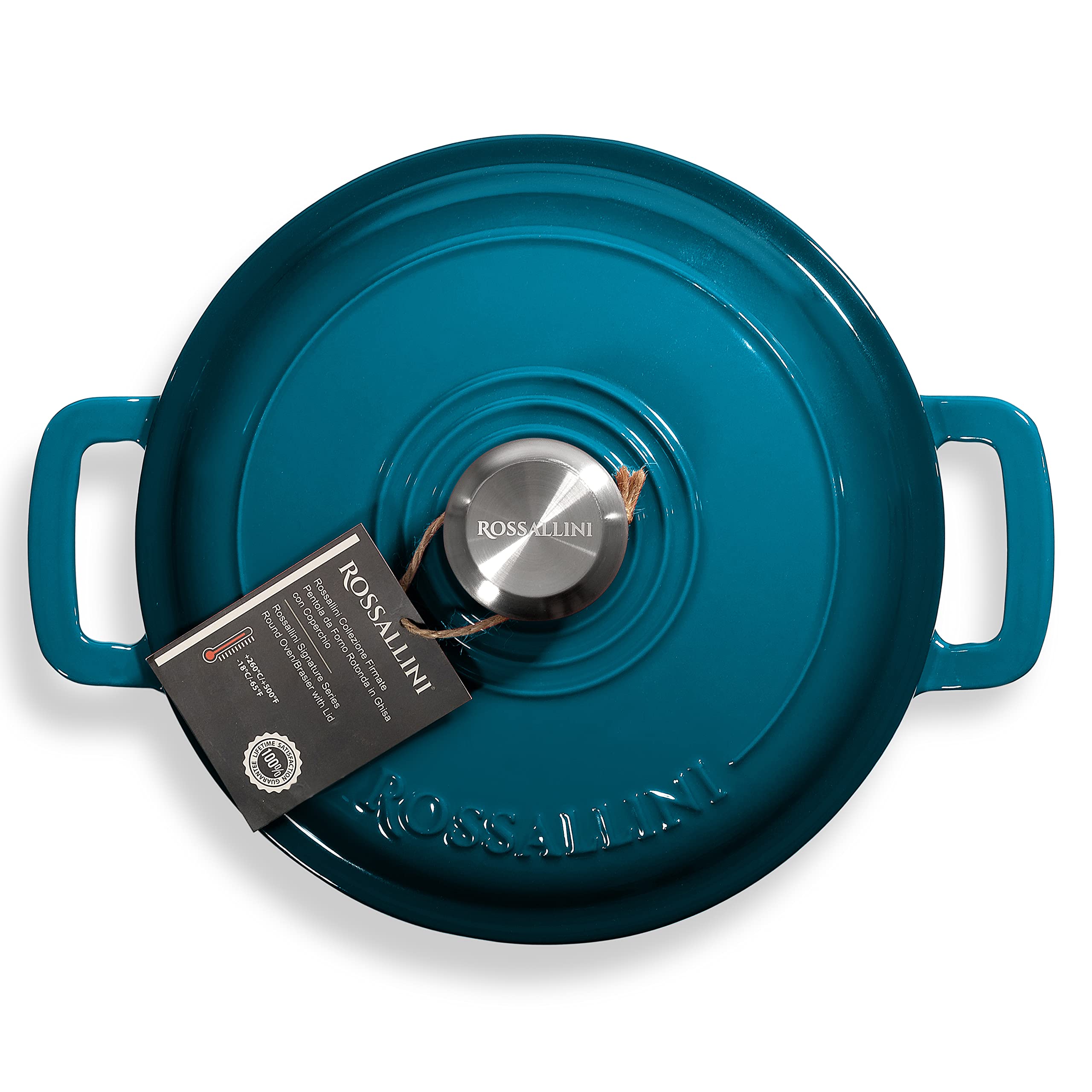 ROSSALLINI Signature Enameled Cast Iron Dutch Oven, Non-Stick Serving Pot with Tight Fitting Lid for Perfect Roasting, Baking, Sauteing, and Bread Making | 3.5Q (3.3L) - Ocean Blue