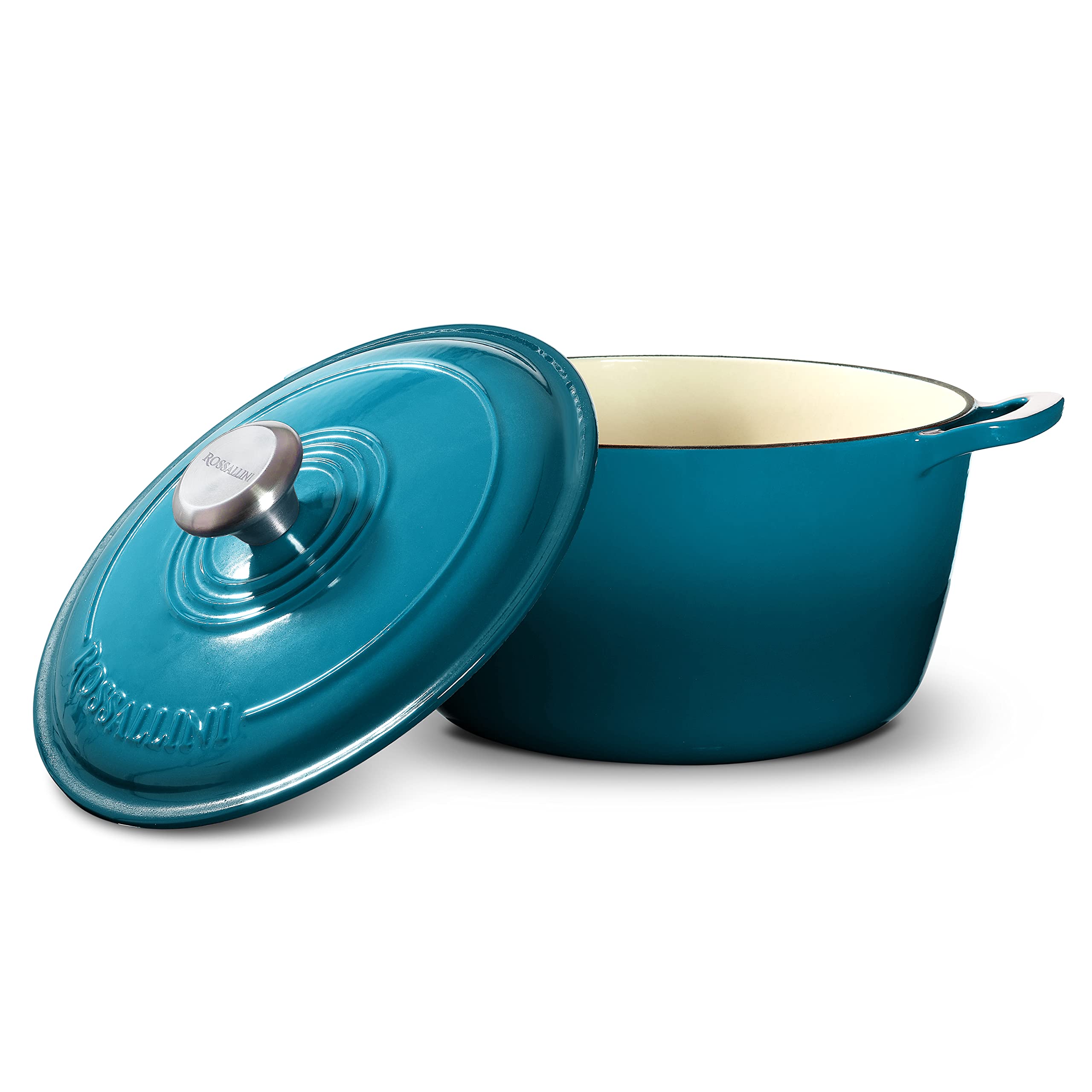 ROSSALLINI Signature Enameled Cast Iron Dutch Oven, Non-Stick Serving Pot with Tight Fitting Lid for Perfect Roasting, Baking, Sauteing, and Bread Making | 3.5Q (3.3L) - Ocean Blue