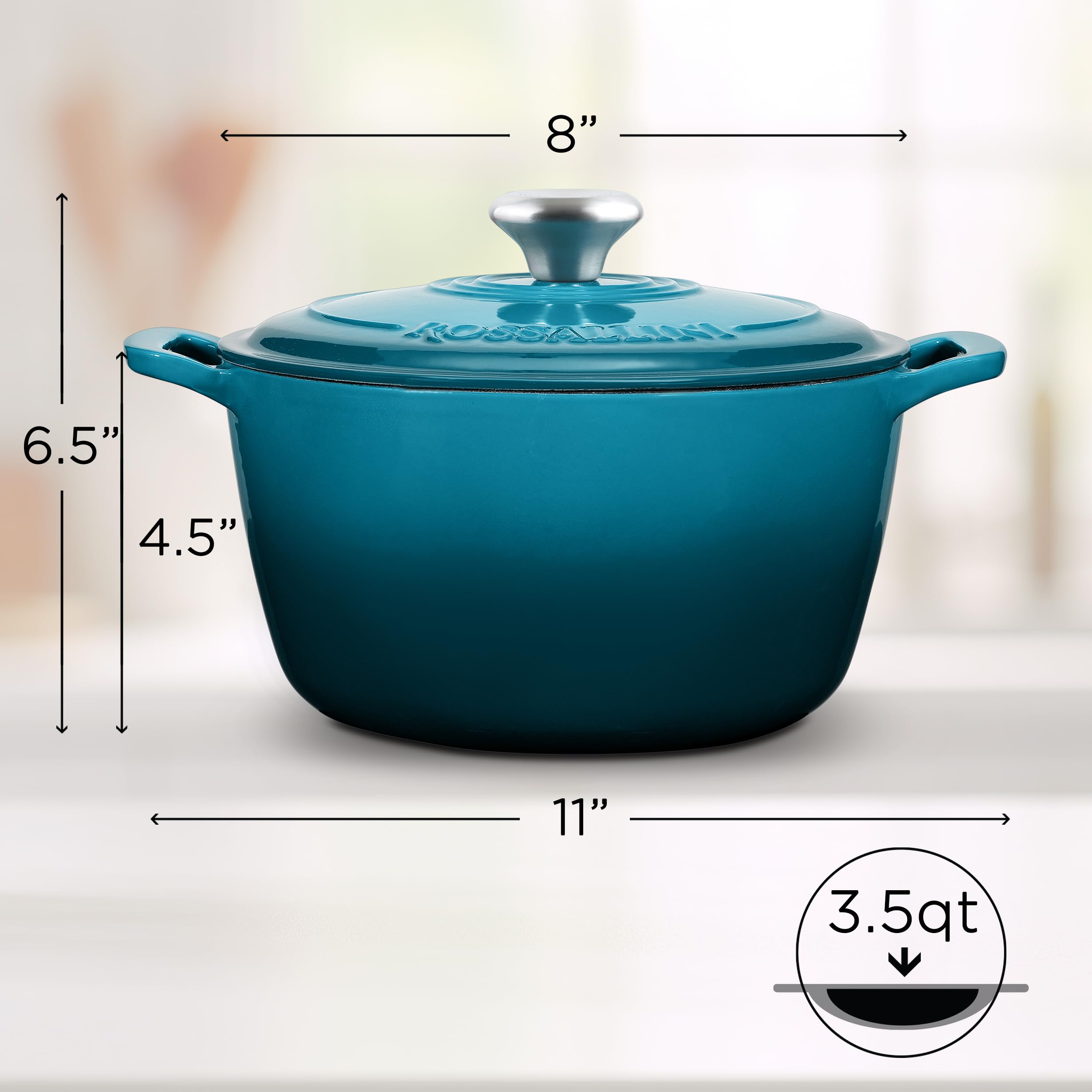 ROSSALLINI Signature Enameled Cast Iron Dutch Oven, Non-Stick Serving Pot with Tight Fitting Lid for Perfect Roasting, Baking, Sauteing, and Bread Making | 3.5Q (3.3L) - Ocean Blue