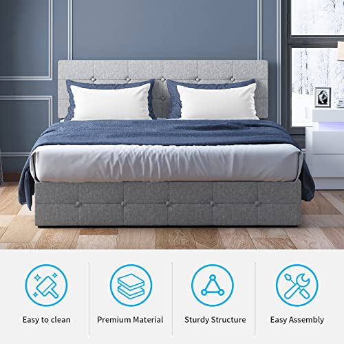 Mjkone California King Size Platform Bed Frame with 4 Storage Drawers, Light Grey