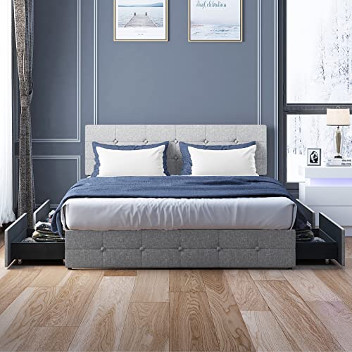 Mjkone California King Size Platform Bed Frame with 4 Storage Drawers, Light Grey