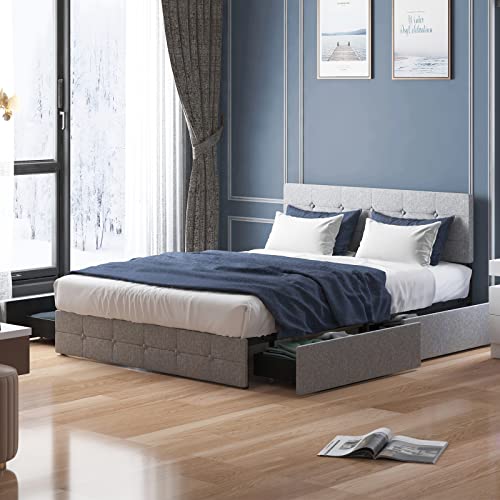 Mjkone California King Size Platform Bed Frame with 4 Storage Drawers, Light Grey