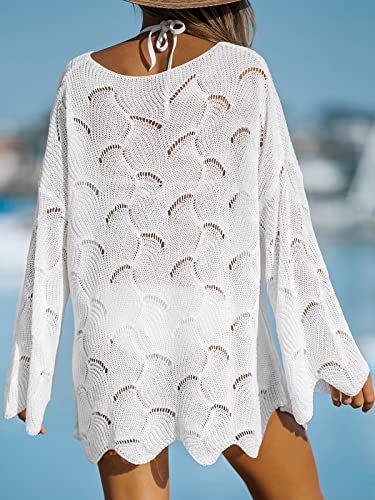 CUPSHE Women Casual Cut Out Swim Cover Up Drop Shoulder Long Sleeve V-Neck Cover-Ups,S White