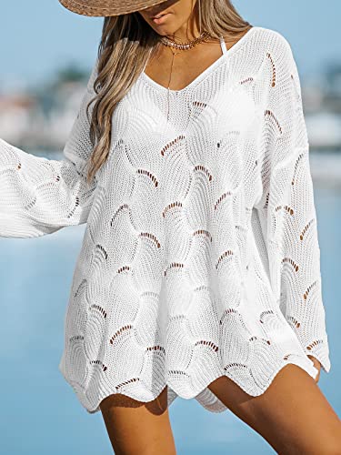CUPSHE Women Casual Cut Out Swim Cover Up Drop Shoulder Long Sleeve V-Neck Cover-Ups,S White