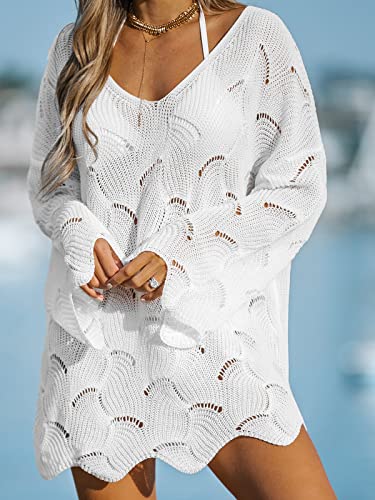 CUPSHE Women Casual Cut Out Swim Cover Up Drop Shoulder Long Sleeve V-Neck Cover-Ups,S White