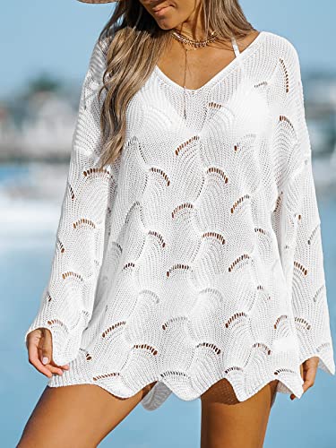 CUPSHE Women Casual Cut Out Swim Cover Up Drop Shoulder Long Sleeve V-Neck Cover-Ups,S White