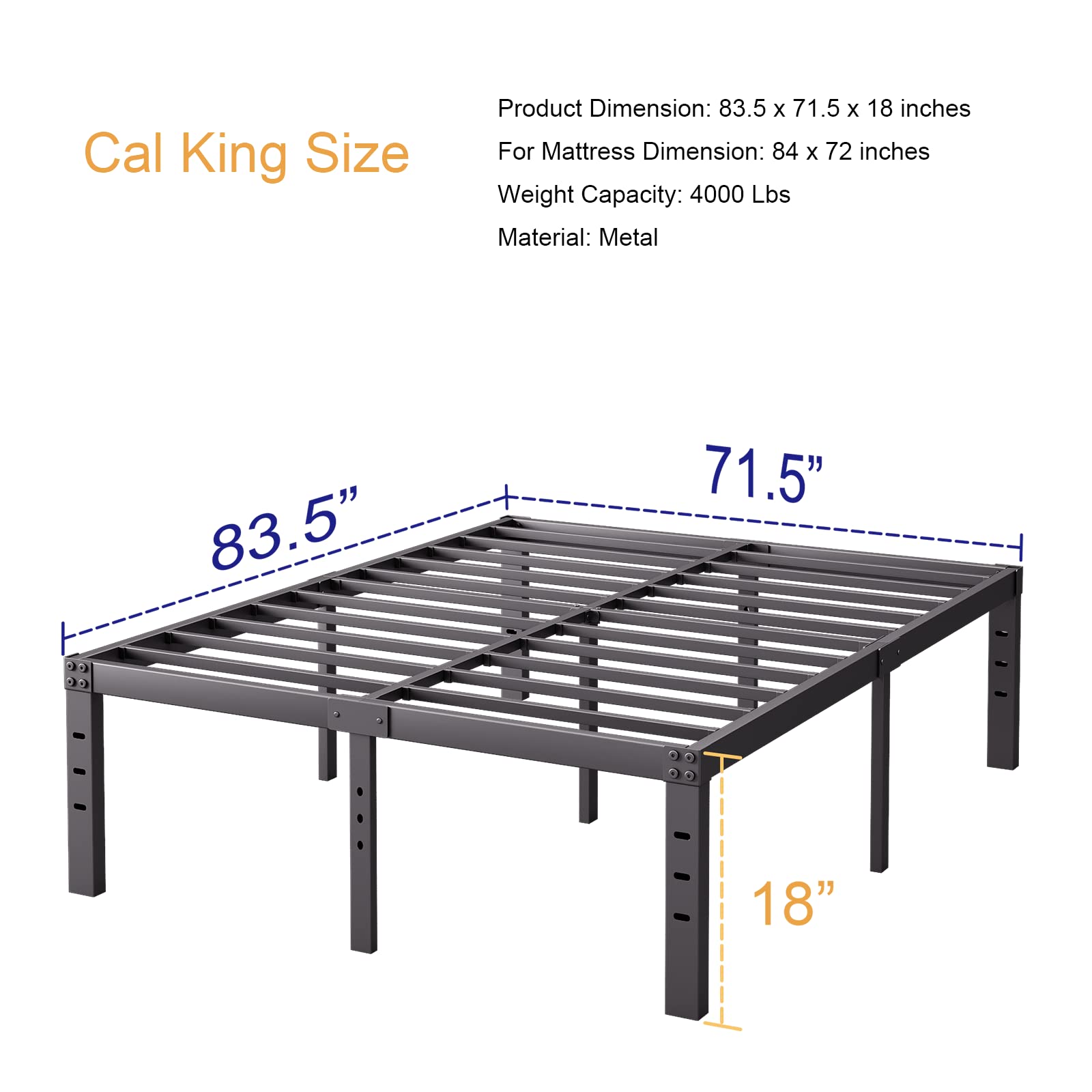 Bednowitz California King Bed Frames, 18 Inch High Metal Bed Frame, Noise-Free Platform Bed No Box Spring Needed, 4000lbs Heavy Duty Support Mattress Foundation, Easy Assembly, Black