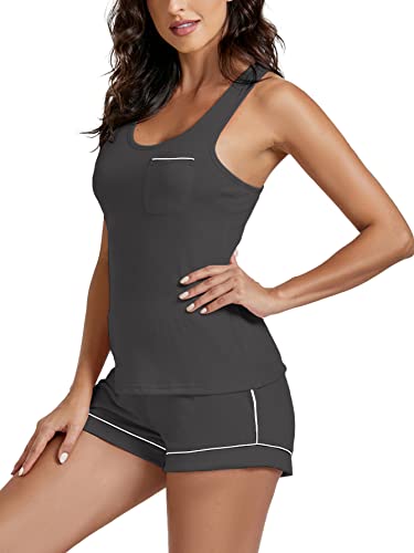 LYANER Women's 2 Piece Pajama Set Scoop Neck Pocket Sleeveless Tank Top Sleepwear with Shorts PJ Gray Small