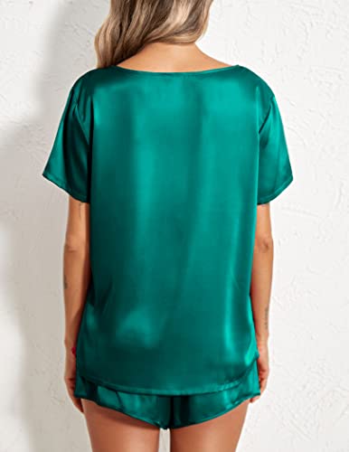 Ekouaer Satin Pajamas for Women Set Short Sleeve Pjs Top with Shorts Lightweight Two Piece Sleepwear Gift Set (Dark Green,S)