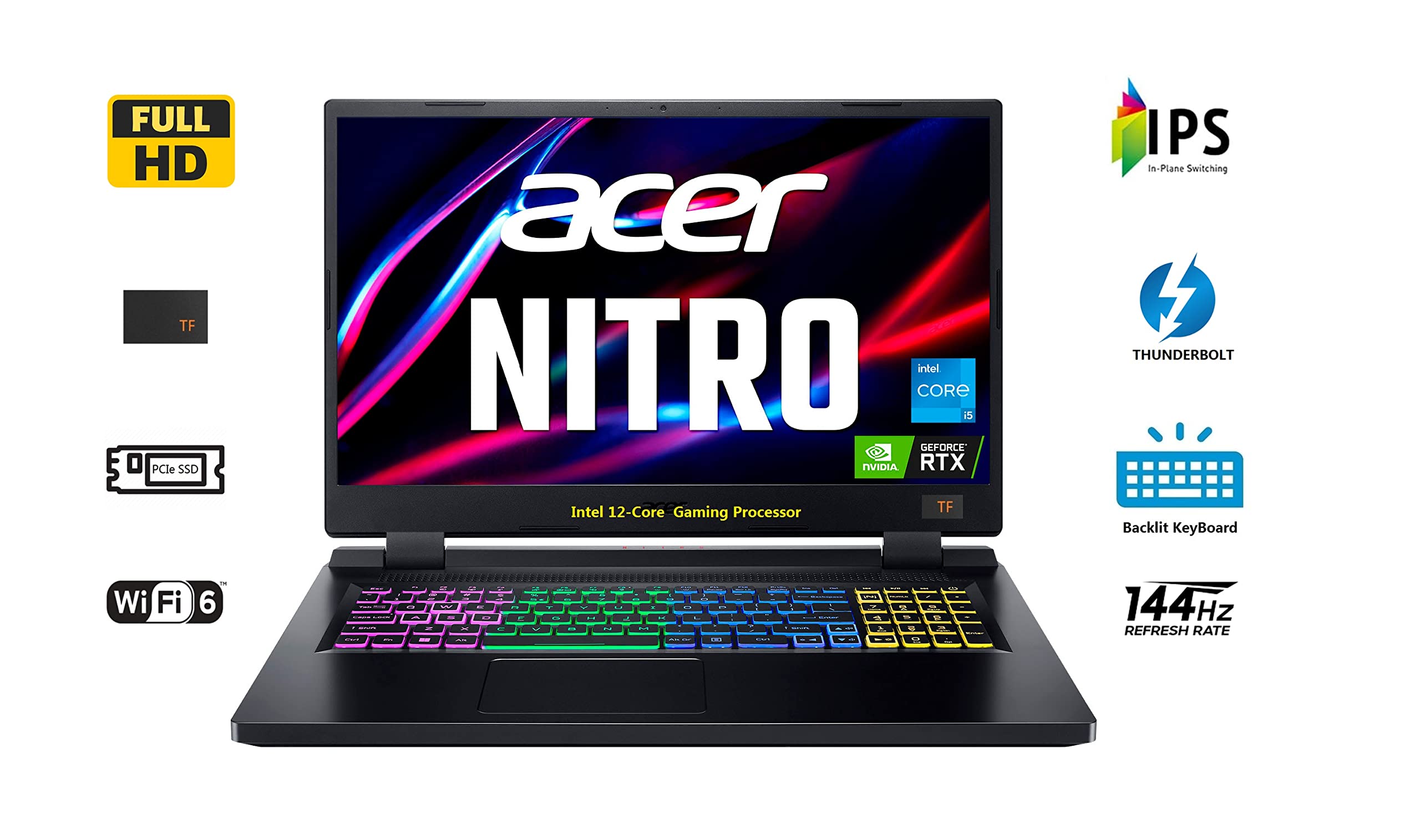 acer Newest Nitro 5 Flagship Gaming Laptop: 17.3" FHD 144Hz IPS Display, Intel Gaming H 12-Core i5-12500H, 64GB RAM, 1TB SSD, 4GB RTX 3050, WiFi-6, Backlit-KYB, DTSX Audio, CoolTech, Win11, TF