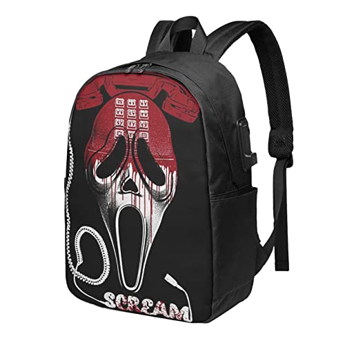 Halloween Horror Movie Ghost-Face Laptop Backpack with USB Charging Port, 17 Inch, Unisex, Adjustable Shoulder Strap Backpack, Travel Backpack, Business Backpack, School Computer Bag for Women & Men