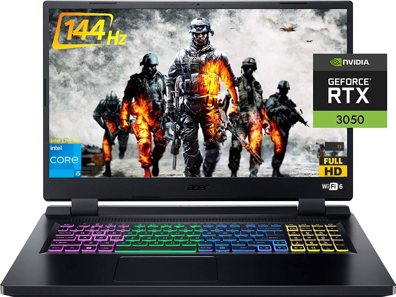 acer Newest Nitro 5 Flagship Gaming Laptop: 17.3" FHD 144Hz IPS Display, Intel Gaming H 12-Core i5-12500H, 64GB RAM, 1TB SSD, 4GB RTX 3050, WiFi-6, Backlit-KYB, DTSX Audio, CoolTech, Win11, TF
