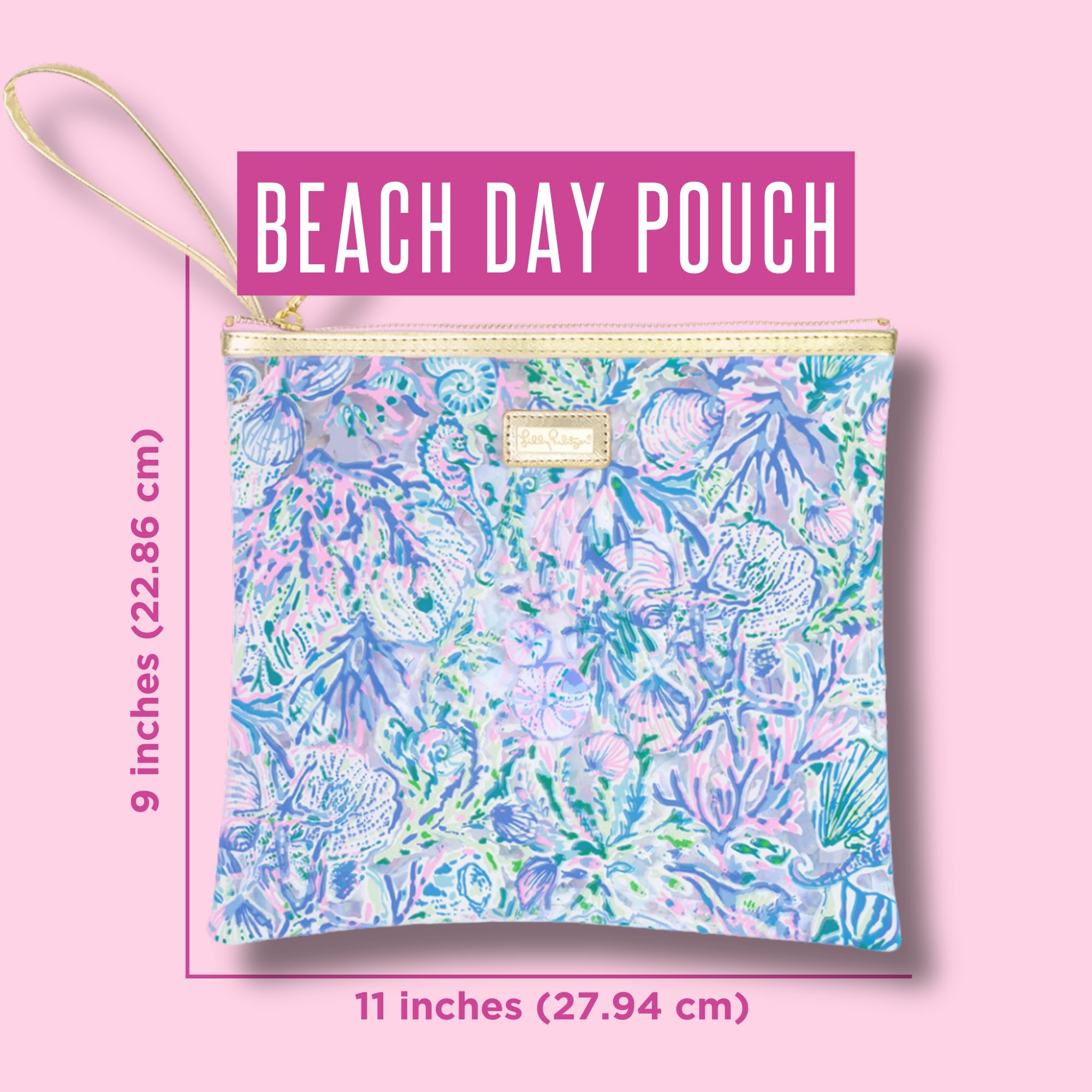 Lilly Pulitzer Water Resistant Vinyl Beach Day Pouch, Zipper Bag Includes Drink Hugger, Small Pouch, and Towel Clips, Soleil It On Me