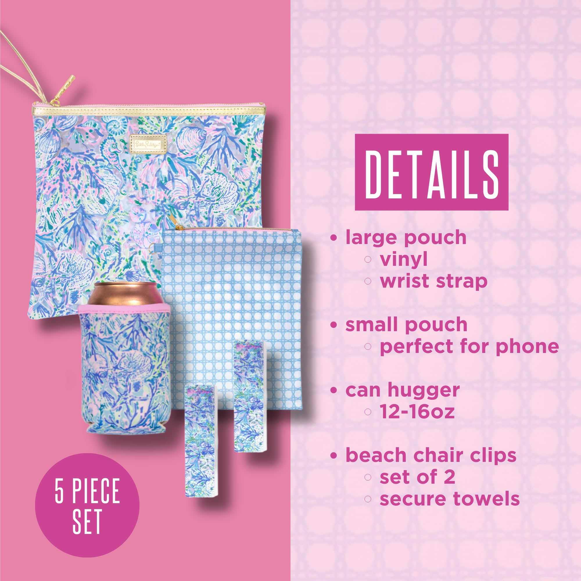 Lilly Pulitzer Water Resistant Vinyl Beach Day Pouch, Zipper Bag Includes Drink Hugger, Small Pouch, and Towel Clips, Soleil It On Me