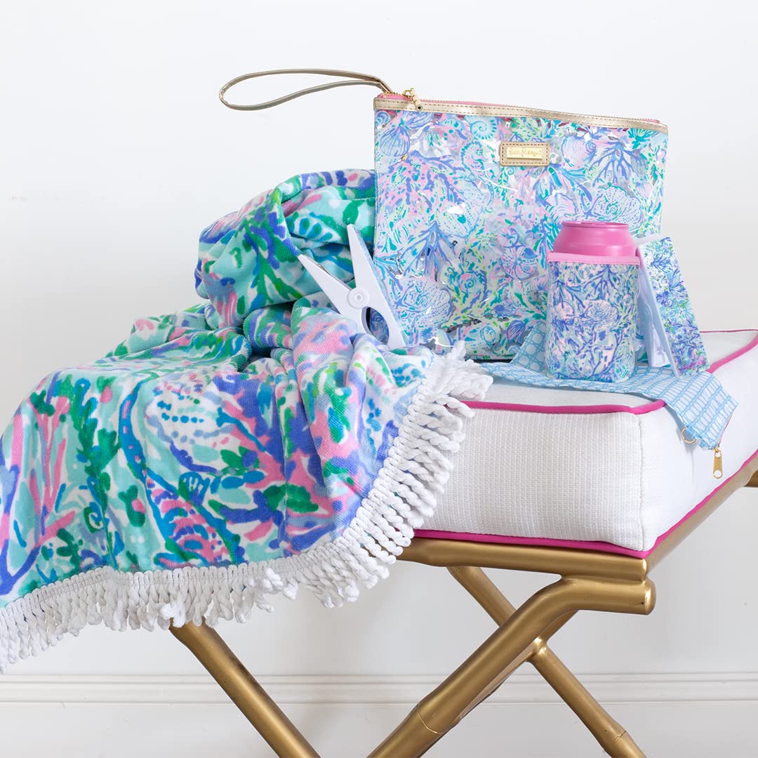 Lilly Pulitzer Water Resistant Vinyl Beach Day Pouch, Zipper Bag Includes Drink Hugger, Small Pouch, and Towel Clips, Soleil It On Me