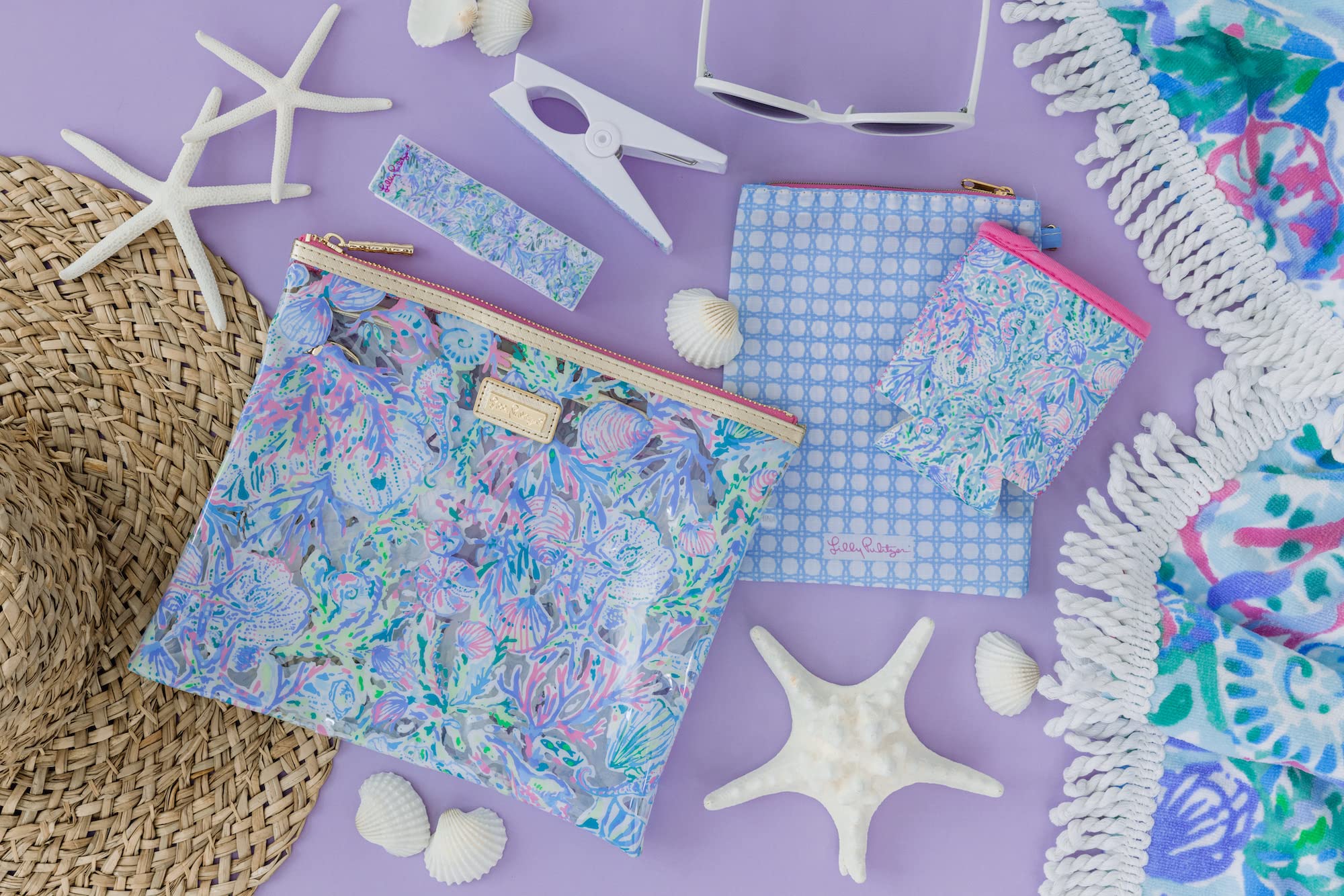 Lilly Pulitzer Water Resistant Vinyl Beach Day Pouch, Zipper Bag Includes Drink Hugger, Small Pouch, and Towel Clips, Soleil It On Me