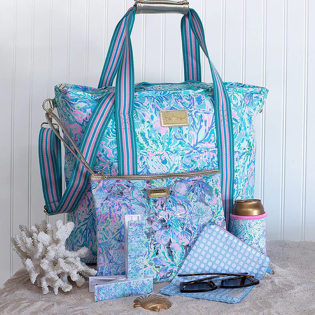 Lilly Pulitzer Water Resistant Vinyl Beach Day Pouch, Zipper Bag Includes Drink Hugger, Small Pouch, and Towel Clips, Soleil It On Me