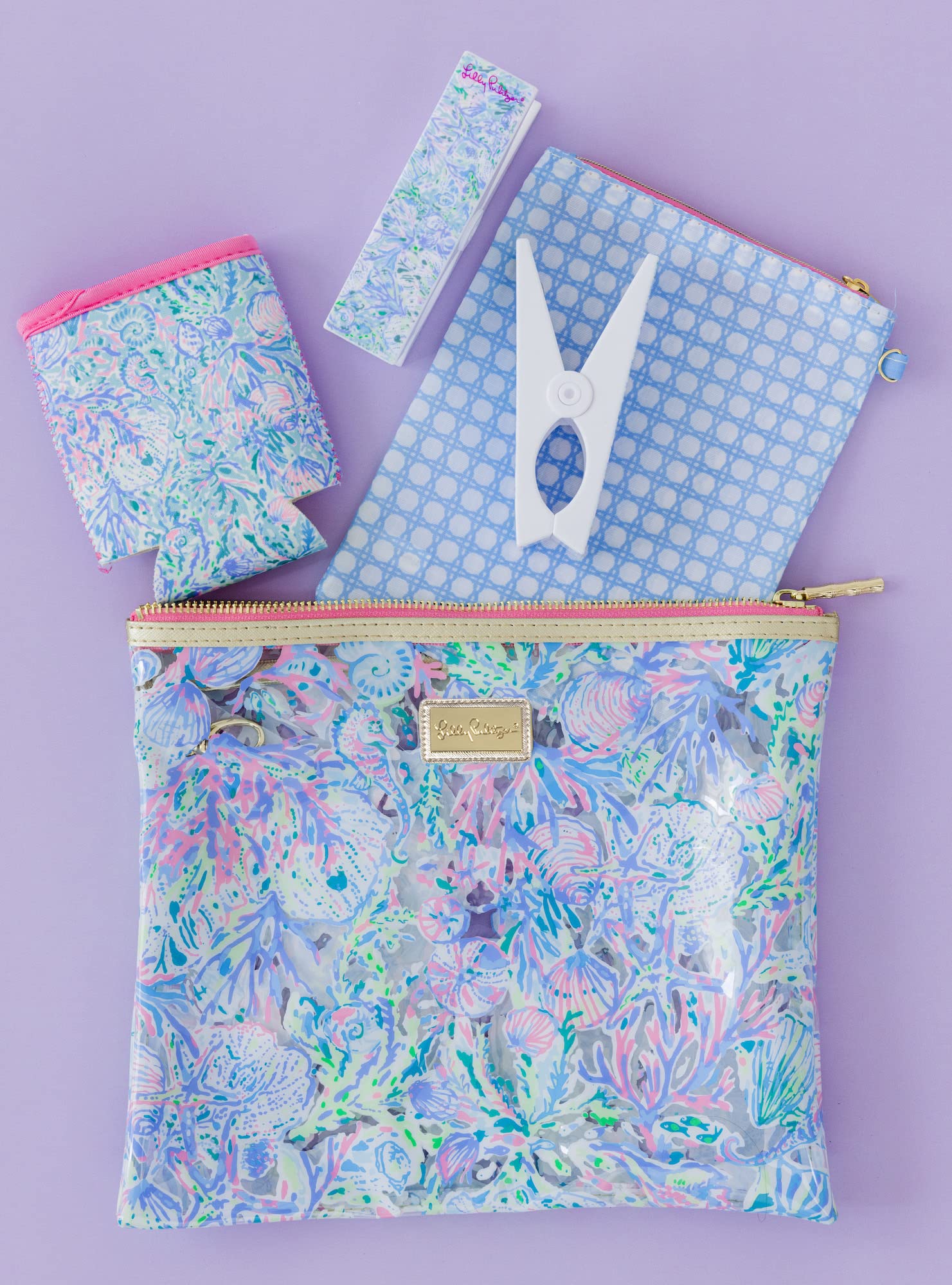 Lilly Pulitzer Water Resistant Vinyl Beach Day Pouch, Zipper Bag Includes Drink Hugger, Small Pouch, and Towel Clips, Soleil It On Me