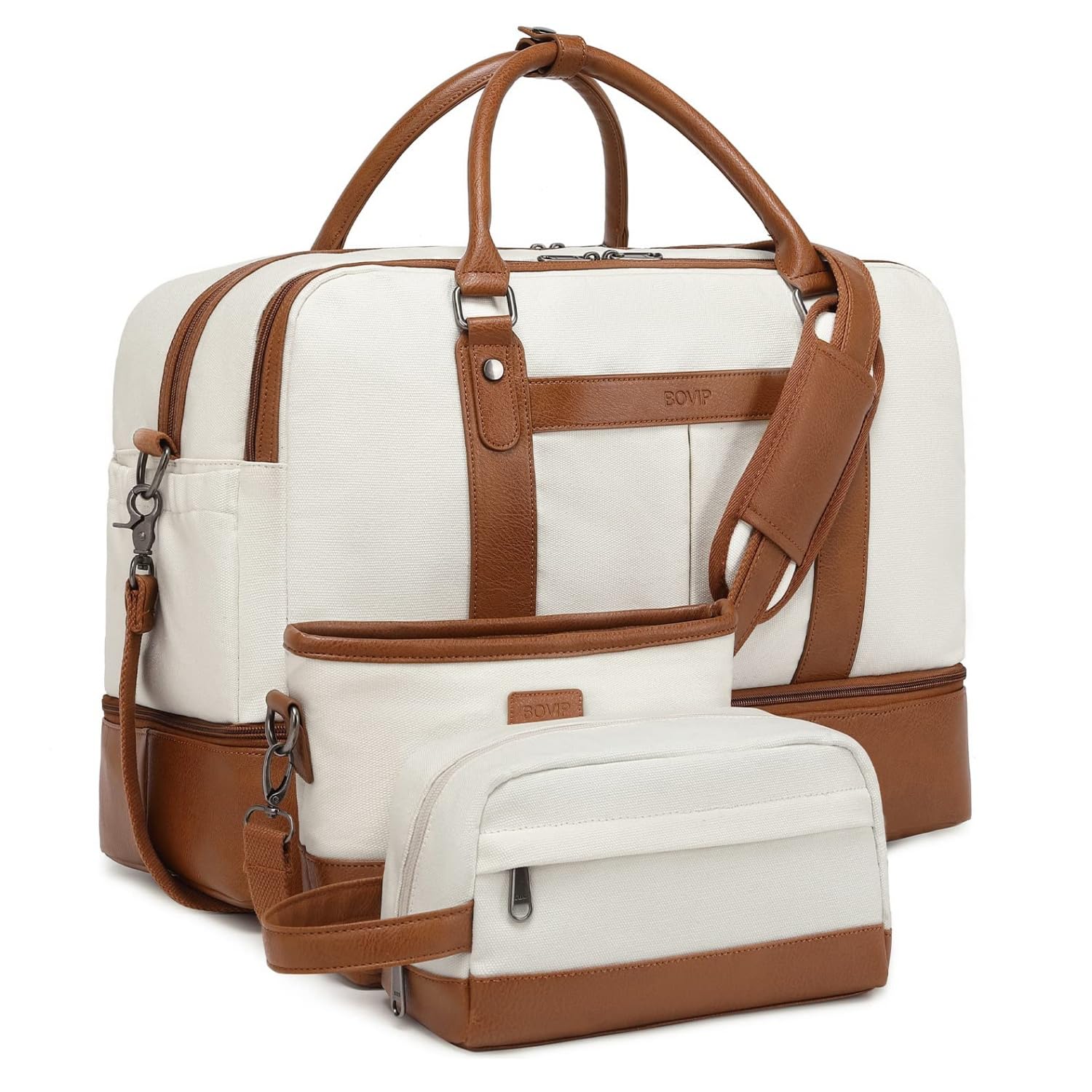 BOVIP Weekender Bag Overnight Bag Large Canvas Travel Bag Duffel Bag with Shoe Compartment Carry On Tote for Women 3-IN-1 Beige Set