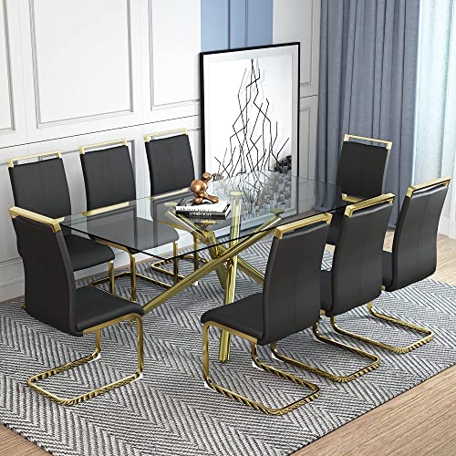 71 inch Glass Dining Table with Clear Rectangular Glass Top, 4 Chrome Golden Legs Modern Rectangular Glass Kitchen Table Furniture for Home Office Kitchen Dining Room, 6-8 People