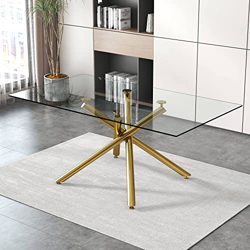 71 inch Glass Dining Table with Clear Rectangular Glass Top, 4 Chrome Golden Legs Modern Rectangular Glass Kitchen Table Furniture for Home Office Kitchen Dining Room, 6-8 People