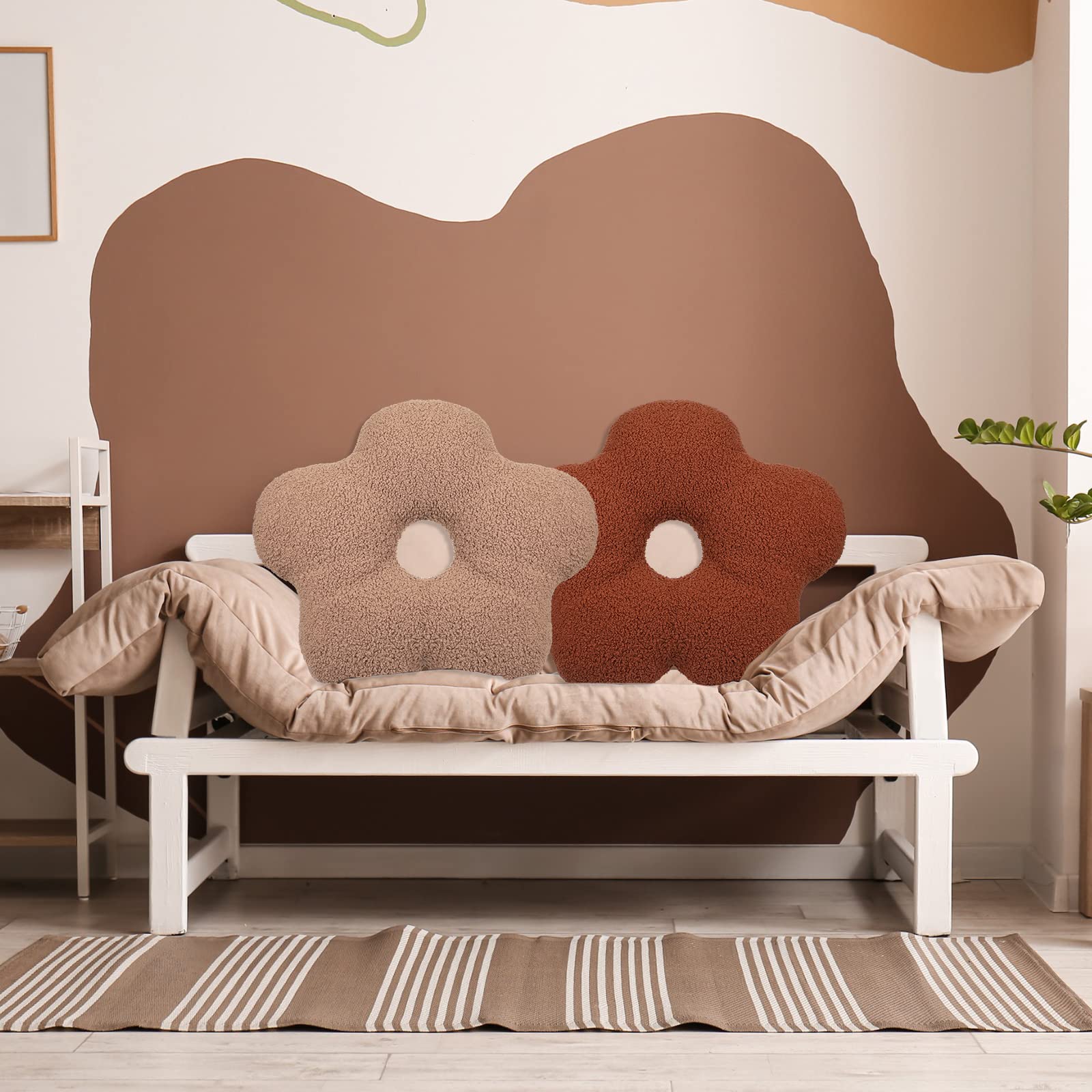 2 Pcs Flower Shaped Throw Pillow 17.7 Inch Flower Pillows Nordic Style Decorative Throw Pillows Cute Flower Floor Cushion with Soft Plush for Couch, Bed, Living Room, Office Decor (Khaki, Brown)