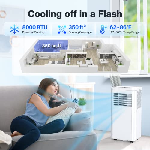 Rintuf Portable Air Conditioner, 8000 BTU AC Unit with Dehumidifier & Fan Modes, Up to 350 Sq.Ft, Remote Control, 24H On/Off Timer, Quiet Air Conditioner for Room, Window Mount Kit