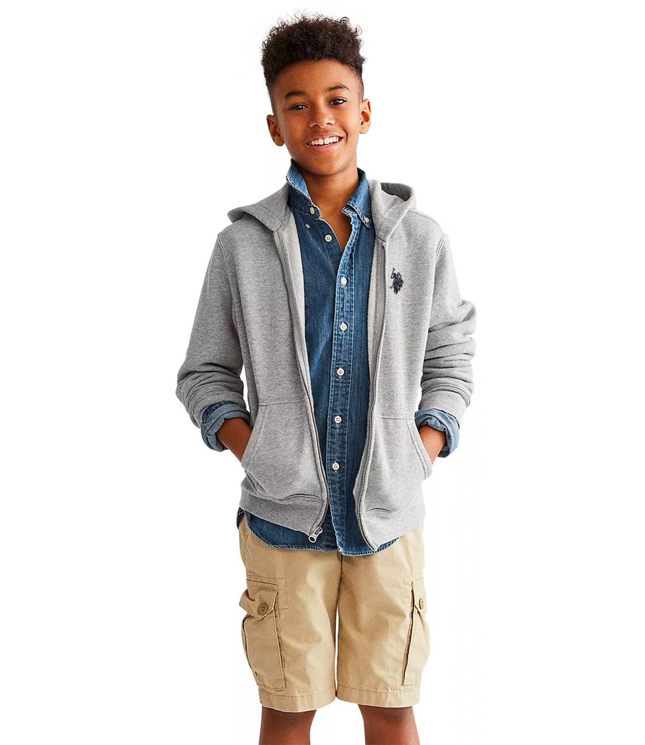 U.S. Polo Assn. Boys' Hooded Zip Fleece Jacket, New Red, 8