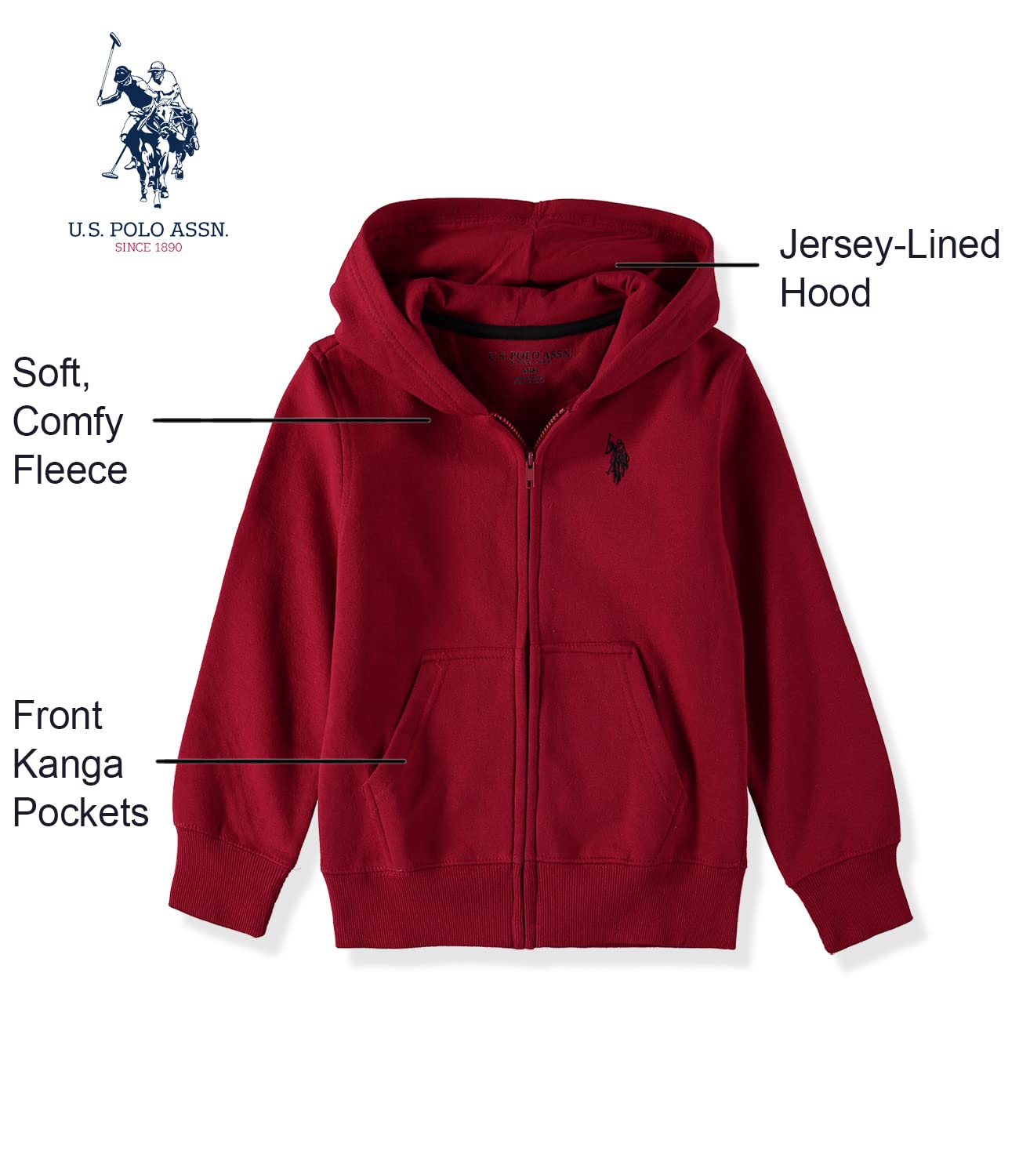 U.S. Polo Assn. Boys' Hooded Zip Fleece Jacket, New Red, 8