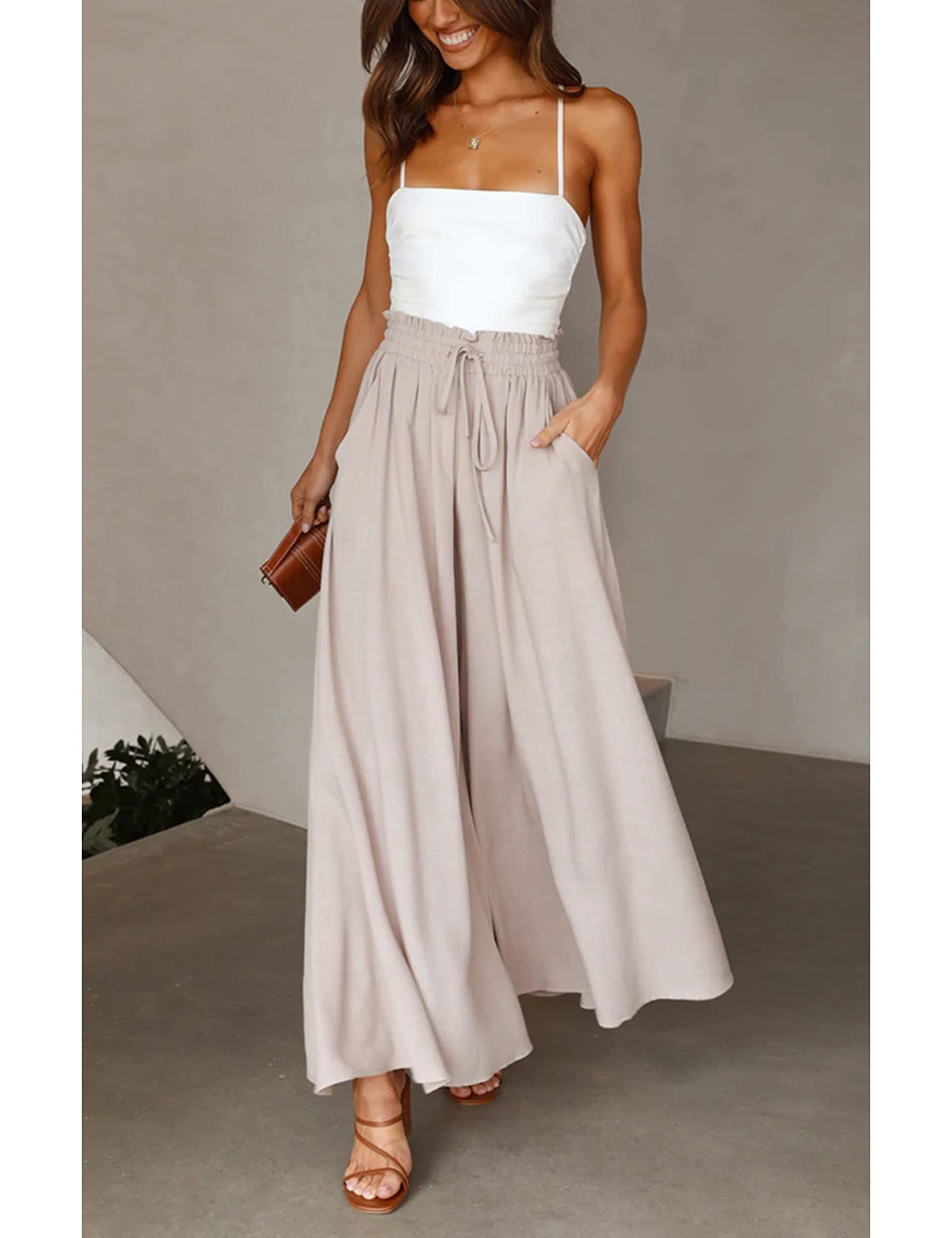 Watashi Women's Wide Leg High Waisted Pants Palazzo Elastic Flowy Loose Culotte Trouser(Apricot-XL)