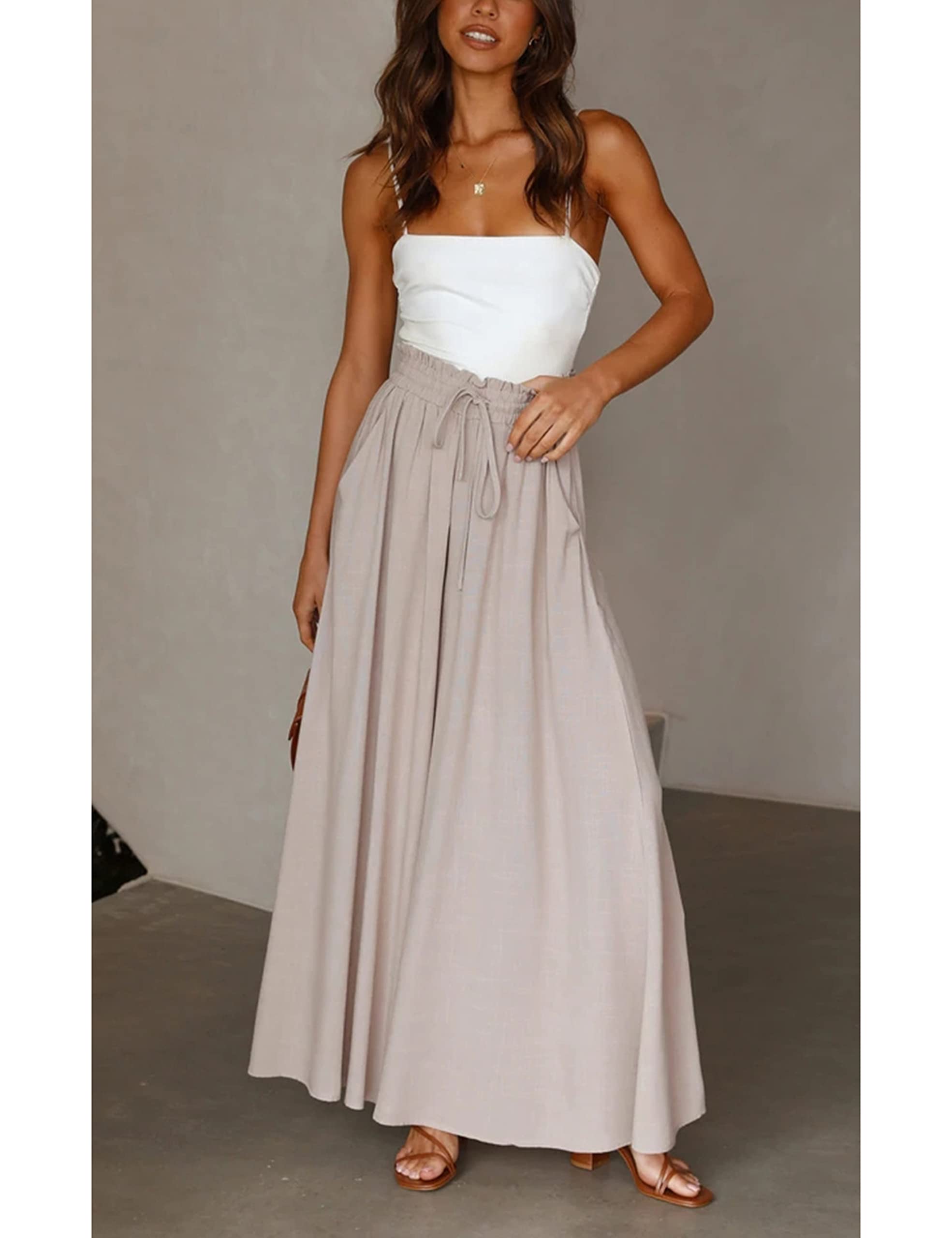 Watashi Women's Wide Leg High Waisted Pants Palazzo Elastic Flowy Loose Culotte Trouser(Apricot-XL)